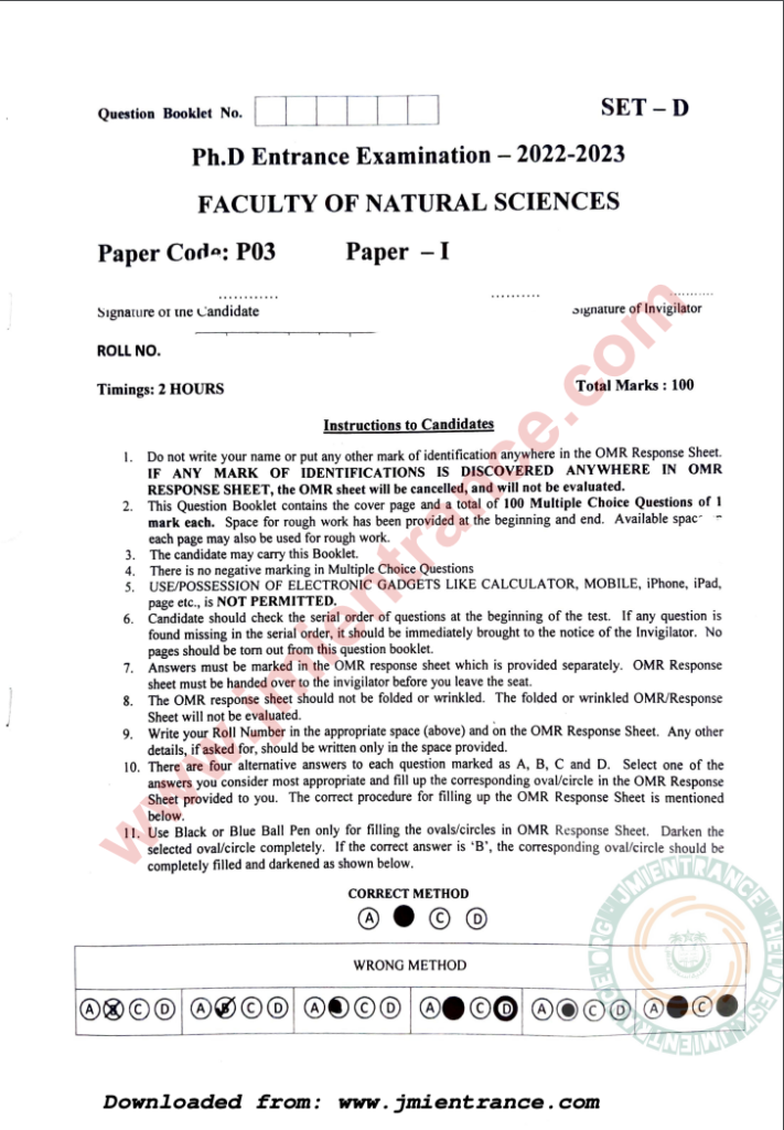 PhD Faculty of Natural Sciences (Paper -1) 2023 - Jamia Entrance Paper