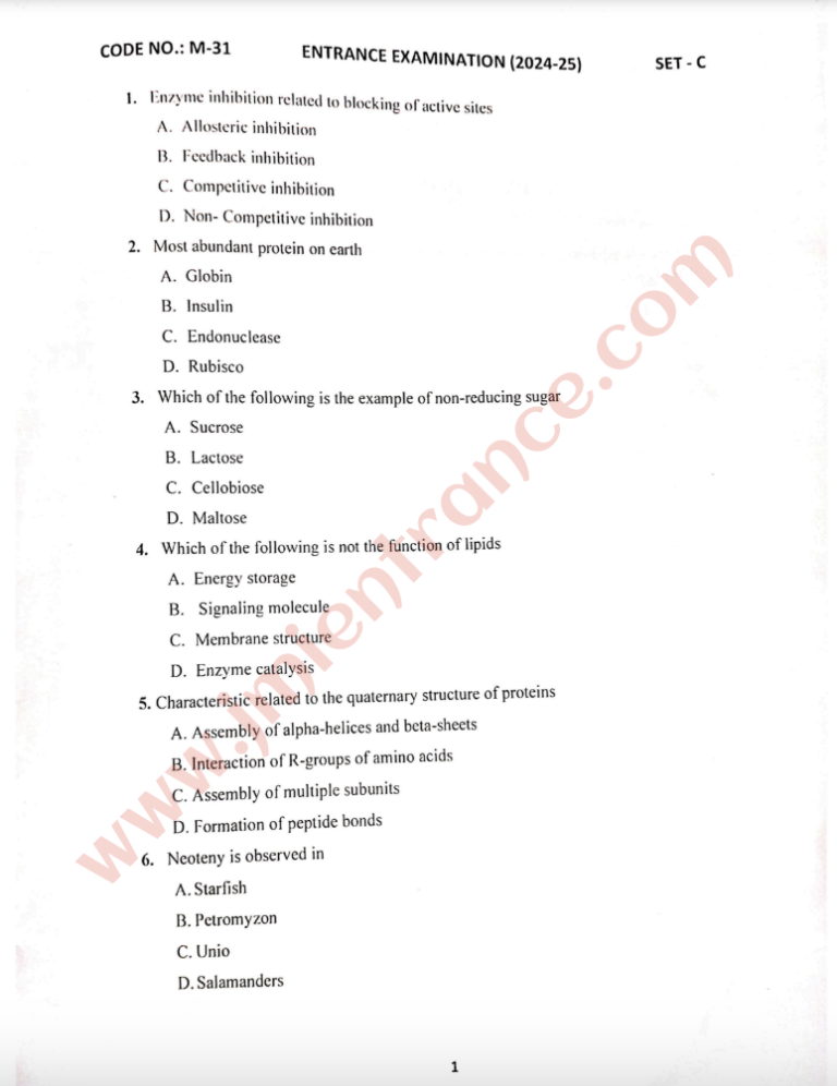 MSc Biotechnology 2024 - Jamia Entrance Question Paper