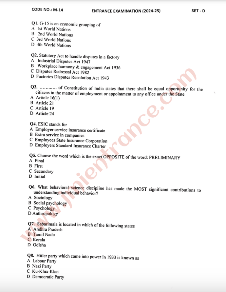 Jamia MA Human Resource Management 2024 Entrance Question Jamia MA Human Resource Management 2024 Entrance Question