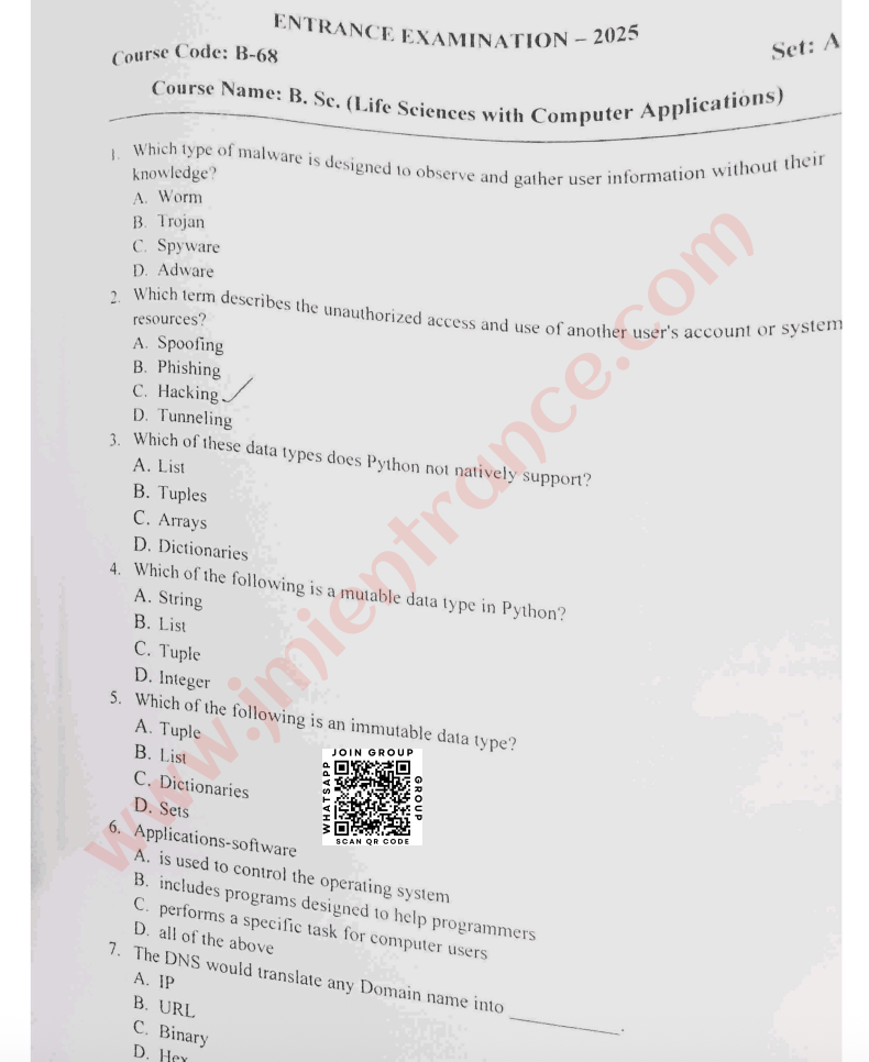 BSc Life Sciences with Computer Application 2025 - Jamia Paper ...
